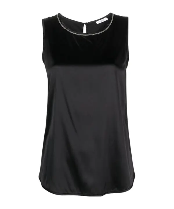 Peserico Sleeveless Silk Satin Top With Beaded Trim - Black