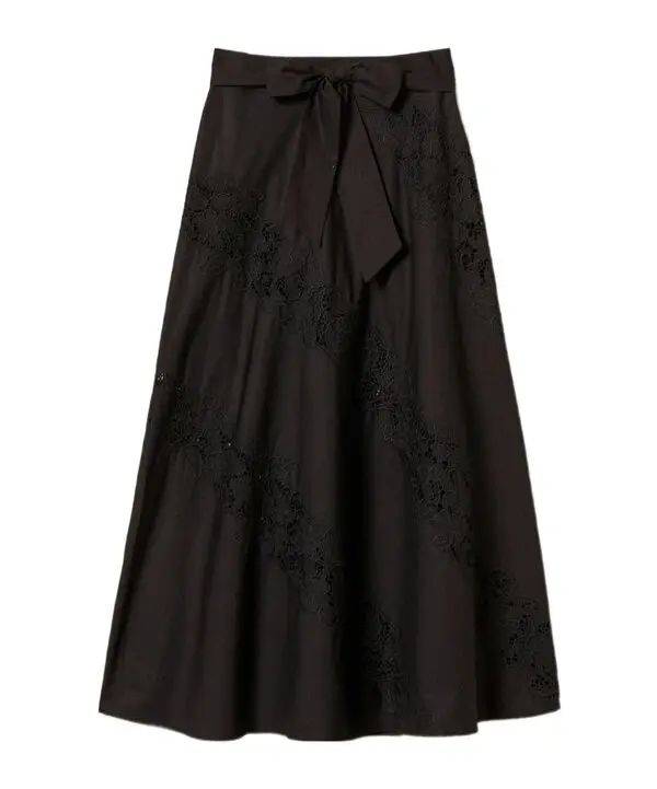 TWINSET Lace Belted Midi Skirt - Black