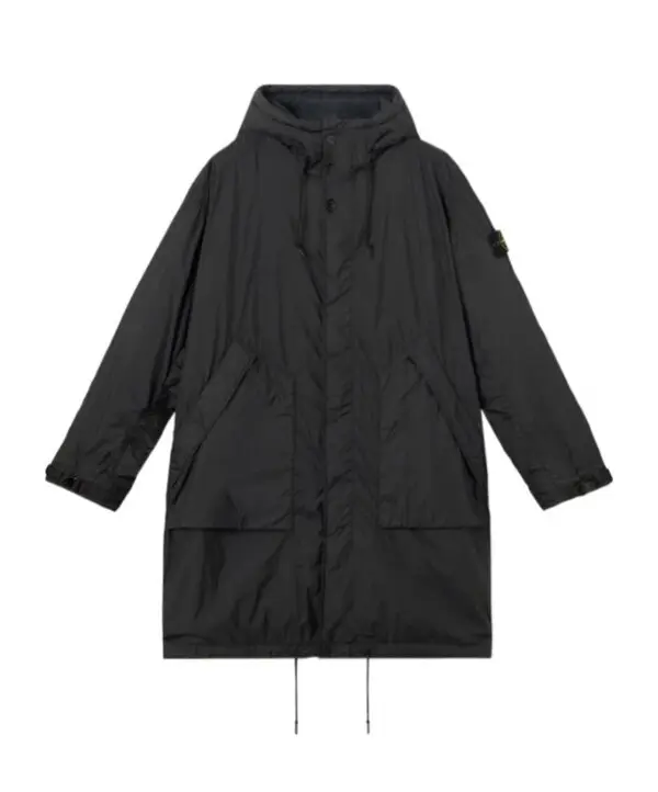 Stone Island Hooded Drawstring Coat With Logo Patch - Black