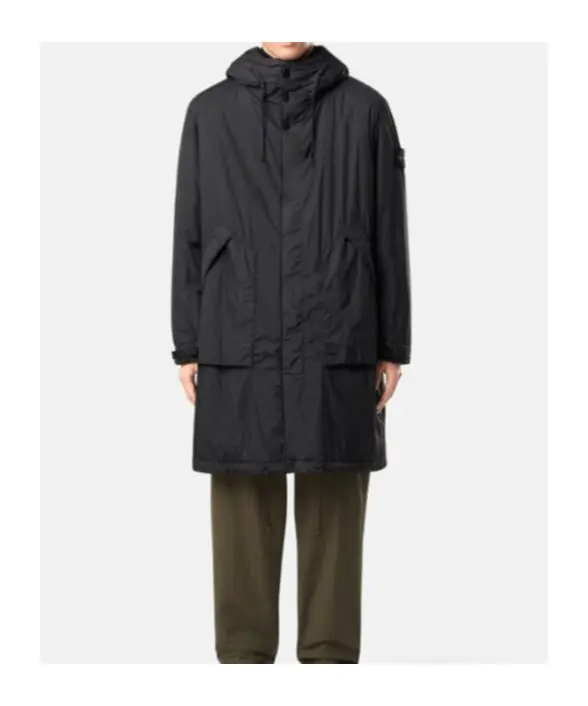 Stone Island Hooded Drawstring Coat With Logo Patch - Black