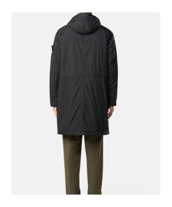 Stone Island Hooded Drawstring Coat With Logo Patch - Black