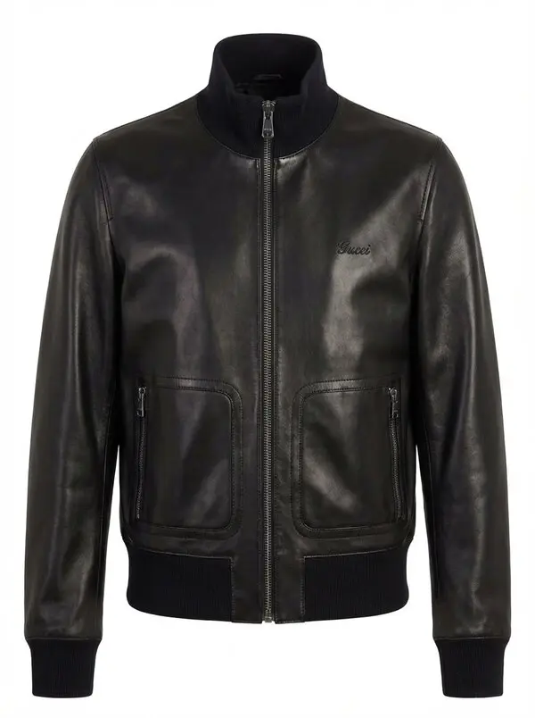 Gucci Leather Bomber Jacket With Logo Detail - Black