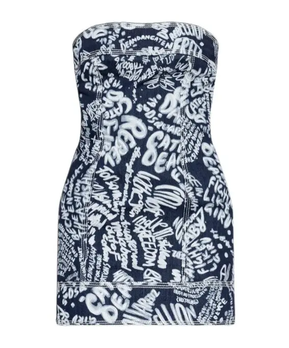 Dsquared2 Denim Graffiti Print Off-the-shoulder Mini Dress - Blue