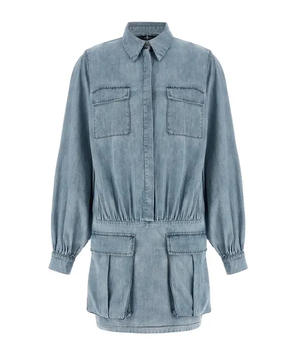 7 For All Mankind Denim Shirt Dress With Front Pockets - Blue