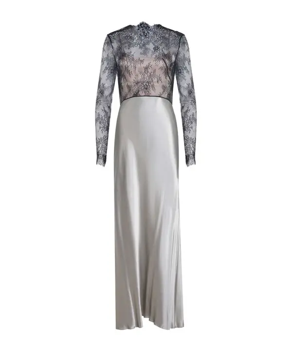 Alberta Ferretti Lace Trimmed Boatneck Maxi Dress