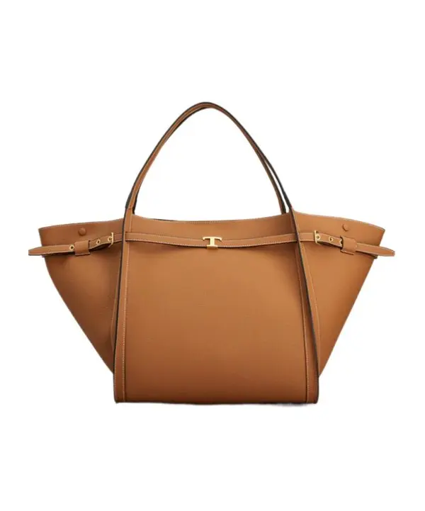 TOD'S Leather Tote Bag With Timeless T Logo - Brown