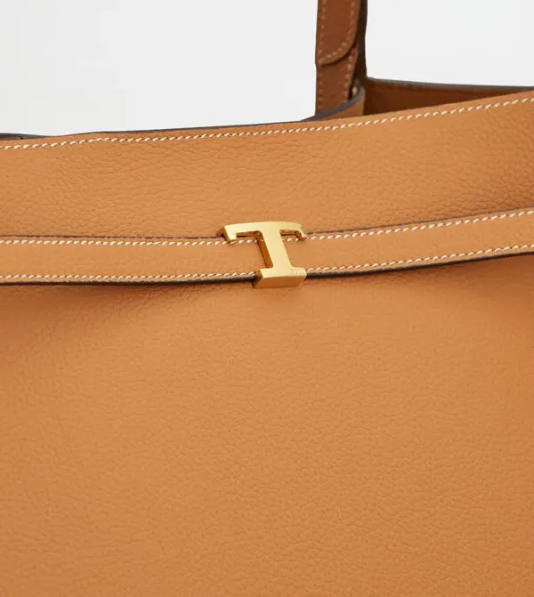 TOD'S Leather Tote Bag With Timeless T Logo - Brown