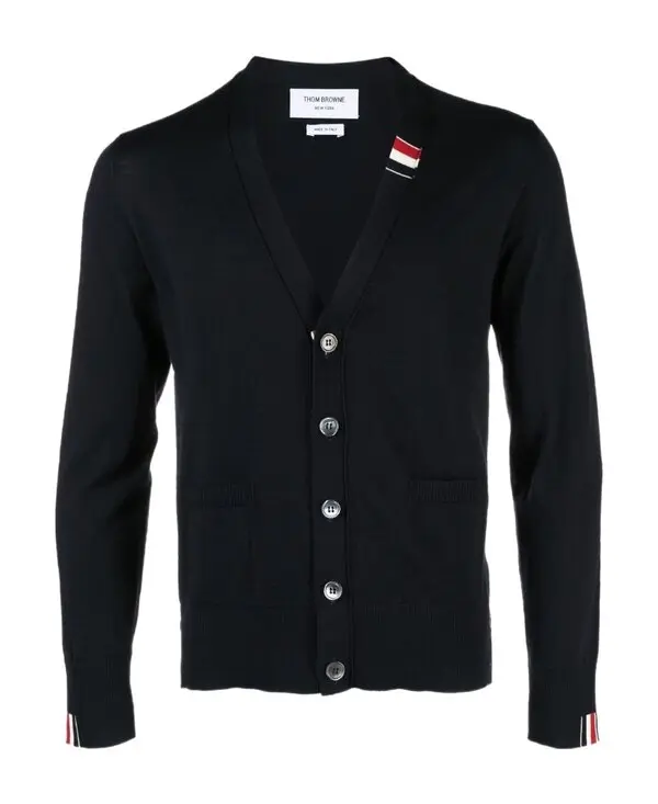 Thom Browne V-neck Knitted Cardigan With Stripes - Navy Blue