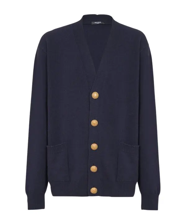 Balmain V-neck Cardigan With Gold Lion Buttons - Navy