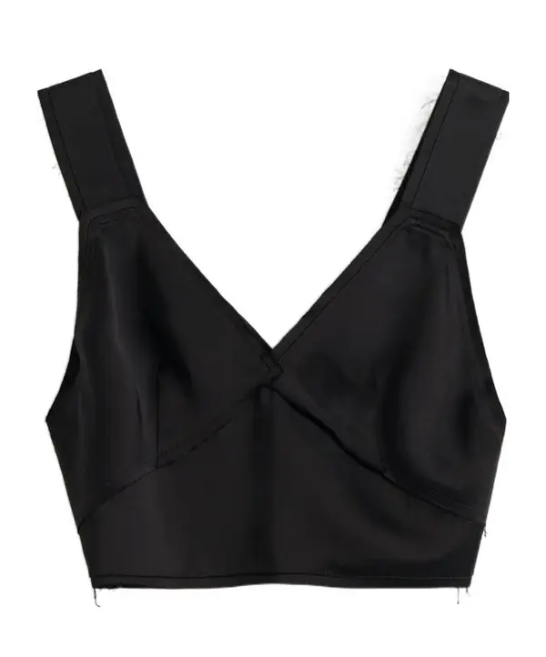 TOTEME V-neck Cropped Satin Top With Frayed Edges - Black