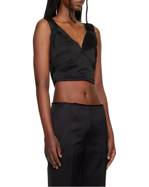 TOTEME V-neck Cropped Satin Top With Frayed Edges - Black
