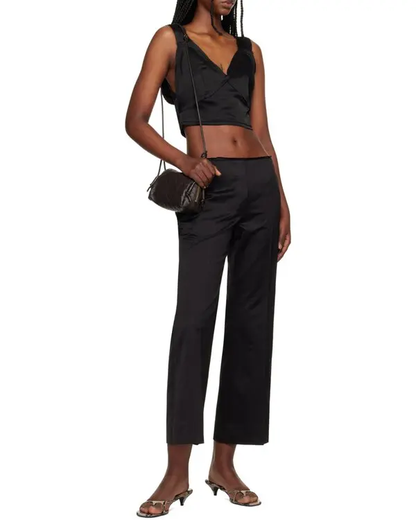 TOTEME V-neck Cropped Satin Top With Frayed Edges - Black