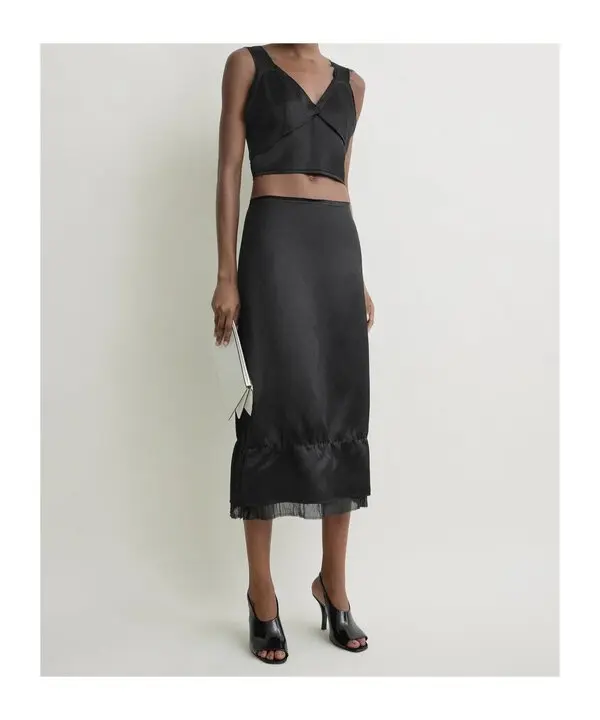 TOTEME V-neck Cropped Satin Top With Frayed Edges - Black
