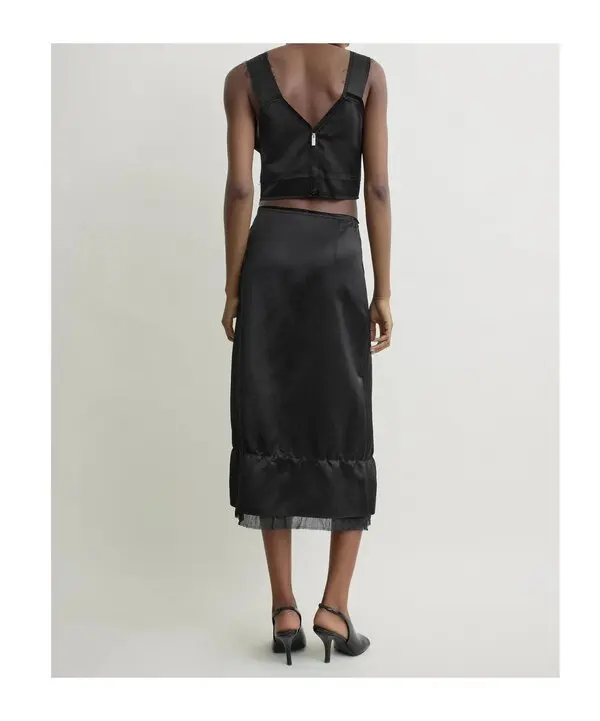TOTEME V-neck Cropped Satin Top With Frayed Edges - Black