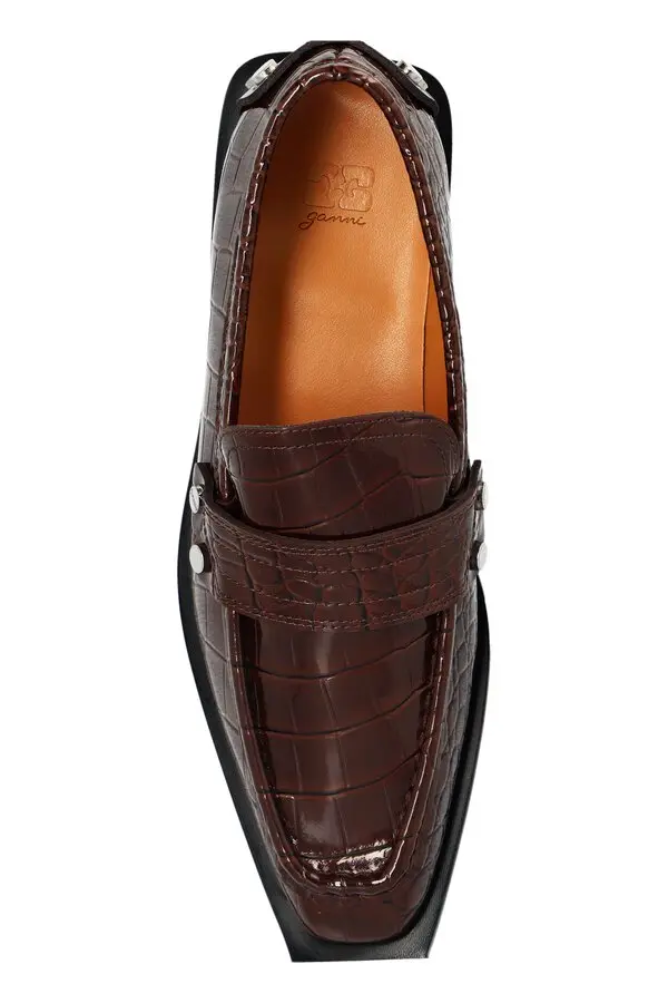 GANNI Embossed Studded Loafers - Black