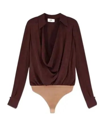 Elisabetta Franchi Georgette Bodysuit With Draped Neckline And Pointed Collar - Brown