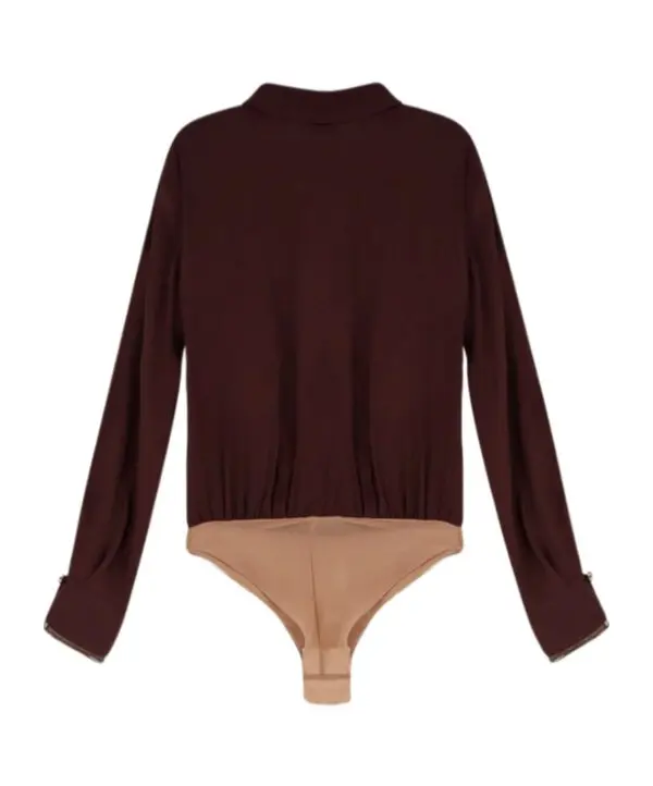 Elisabetta Franchi Georgette Bodysuit With Draped Neckline And Pointed Collar - Brown