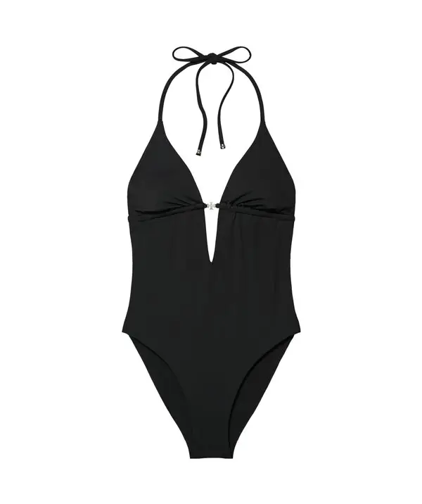 Tory Burch Deep V Halterneck One Piece Swimsuit - Black
