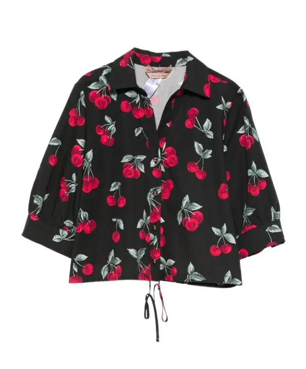 TWINSET Cherry Print Cropped Poplin Shirt - Black