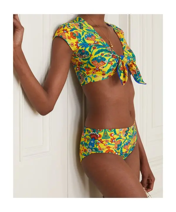 La DoubleJ Bardot Tie-detailed Printed Bikini Top