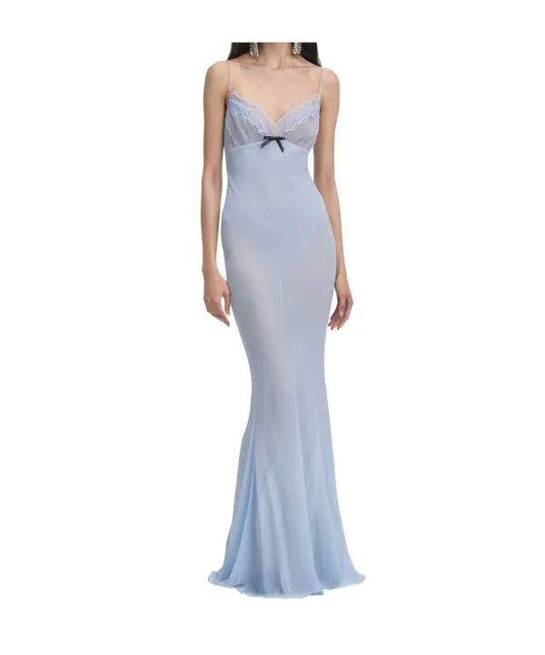 SELF-PORTRAIT Lace-trimmed Slip Maxi Dress - Blue