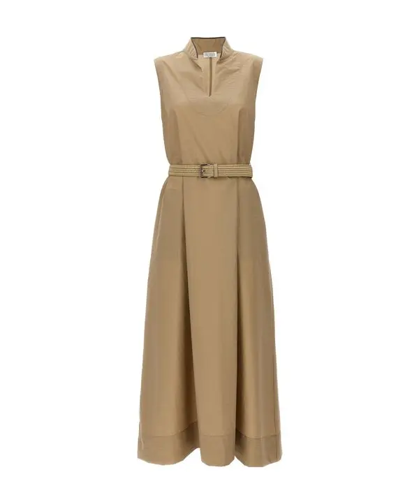 Brunello Cucinelli Beaded-trim V-neck Tunic Dress - Beige