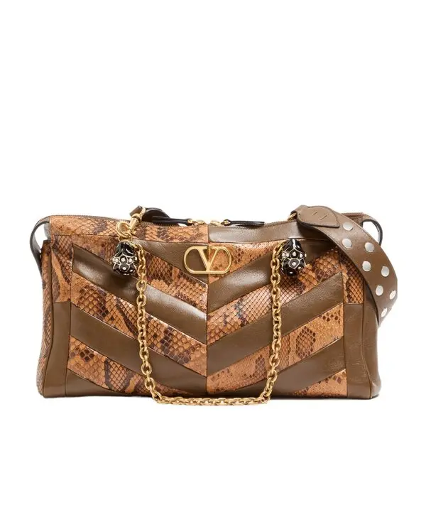 Valentino Garavani Leather And Embossed Shoulder Bag With Studded Strap