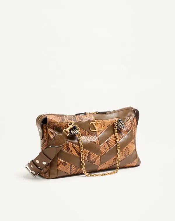 Valentino Garavani Leather And Embossed Shoulder Bag With Studded Strap