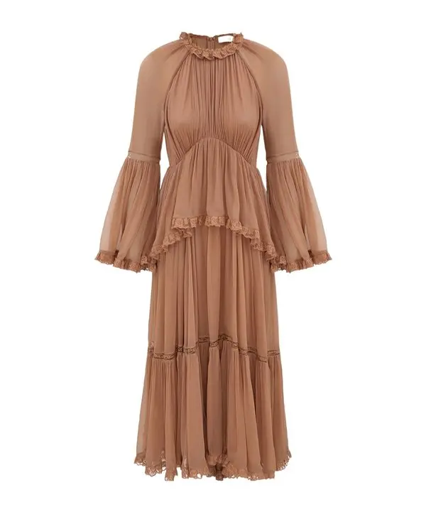 Zimmermann Ruffled Lace Trim Midi Dress - Biscuit
