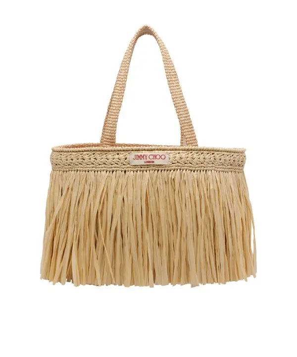 JIMMY CHOO Logo Patch Fringed Tote Bag - Hmunaturallightgold