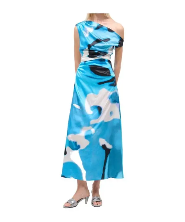 Staud Phare Silk Dress With Draped Off-the-shoulder Neckline - Blue Haze
