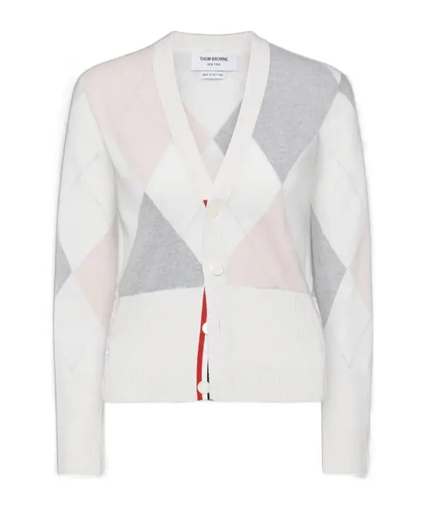 Thom Browne Argyle Intarsia Cashmere Cardigan - White