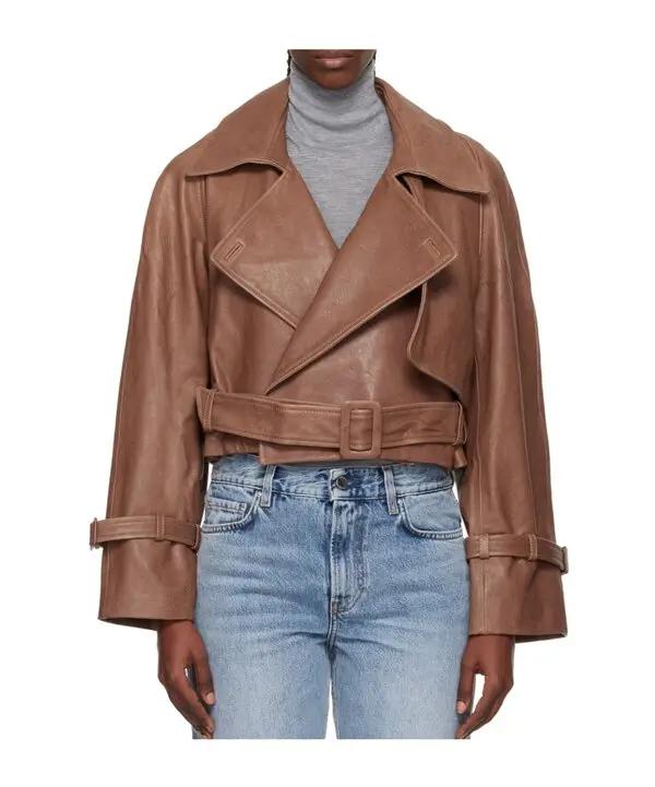 Nour Hammour Cropped Belted Leather Jacket - Brown