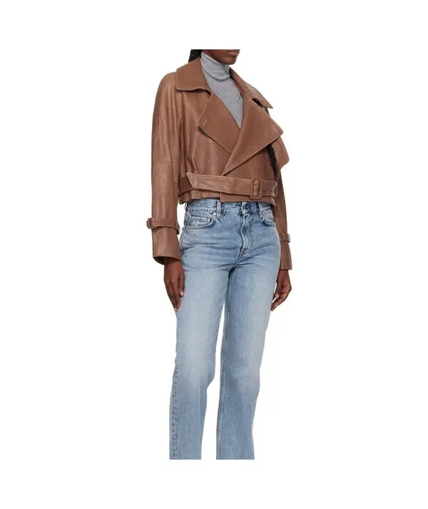Nour Hammour Cropped Belted Leather Jacket - Brown