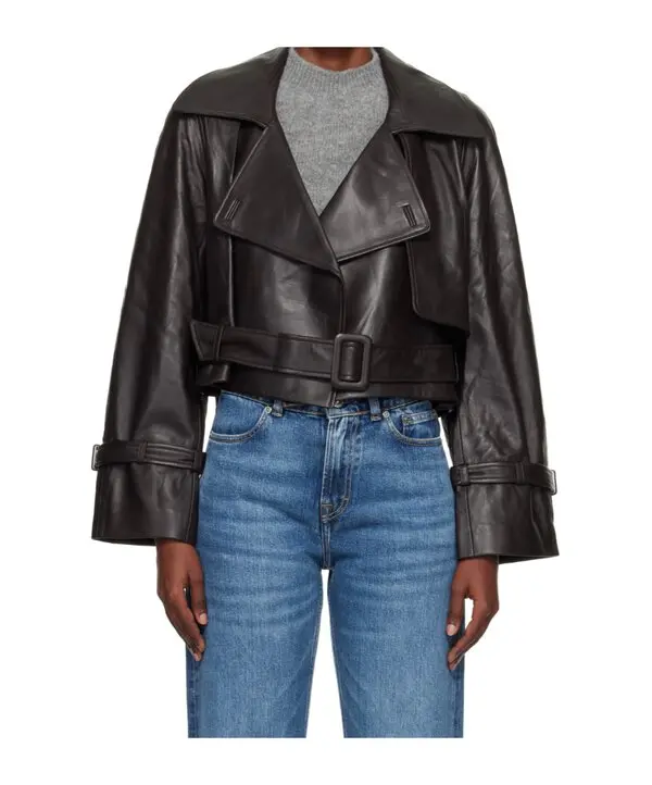 Nour Hammour Cropped Leather Jacket With Belted Waist - Brown