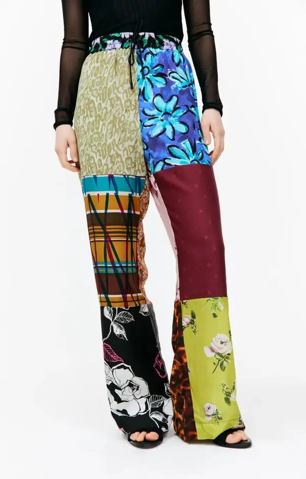 MARINE SERRE Regenerated Silk Patchwork Straight-leg Trousers - Nude