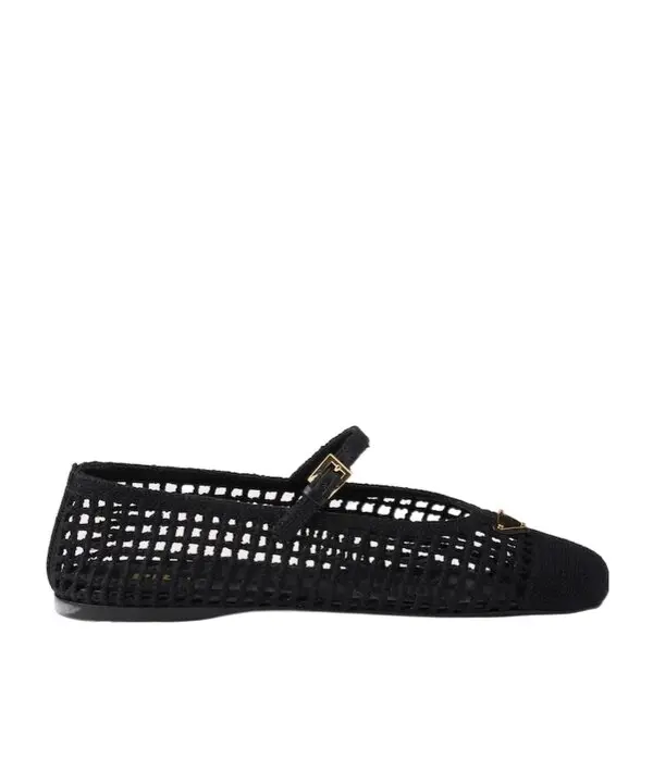 Prada Knit Crochet Ballerina Flats With Enameled Triangle Logo - Black