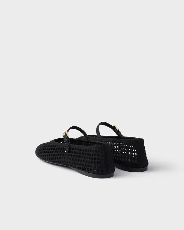 Prada Knit Crochet Ballerina Flats With Enameled Triangle Logo - Black