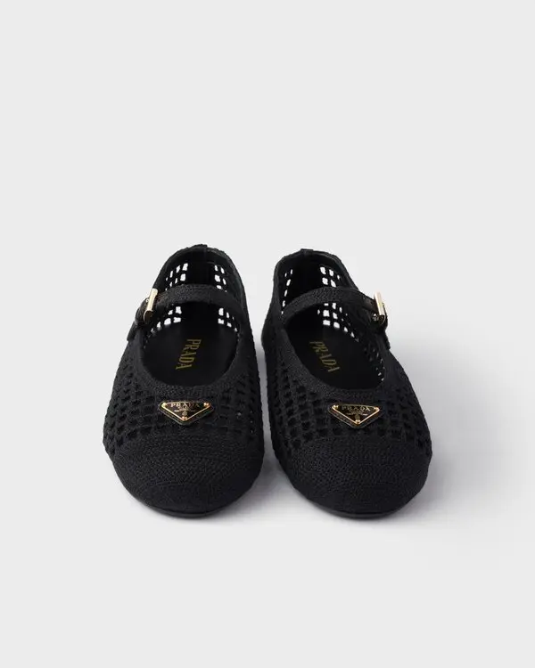 Prada Knit Crochet Ballerina Flats With Enameled Triangle Logo - Black