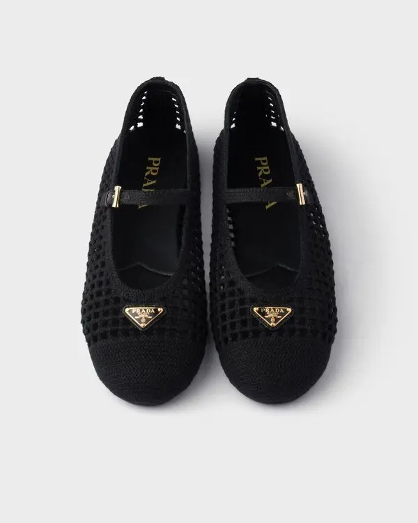 Prada Knit Crochet Ballerina Flats With Enameled Triangle Logo - Black