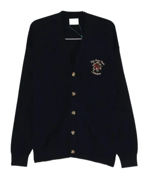 Drole De Monsieur Long Sleeve Knitted Cardigan With Embroidery - Navy