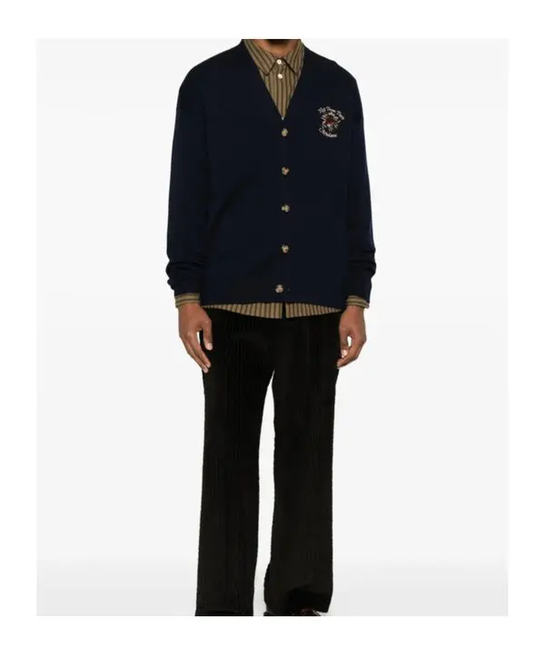 Drole De Monsieur Long Sleeve Knitted Cardigan With Embroidery - Navy