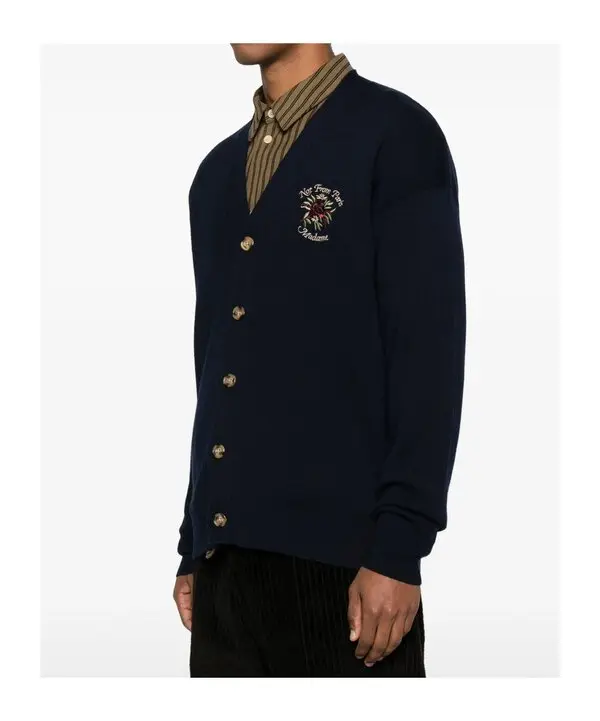 Drole De Monsieur Long Sleeve Knitted Cardigan With Embroidery - Navy