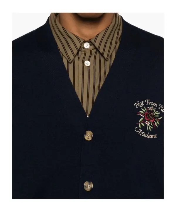 Drole De Monsieur Long Sleeve Knitted Cardigan With Embroidery - Navy