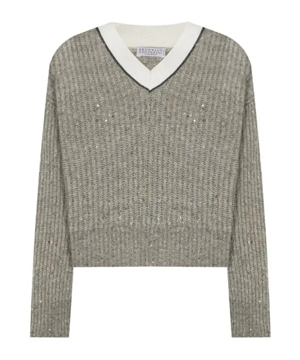 Brunello Cucinelli Long Sleeve V-neck Pullover With Sequin Embellishments - Gray