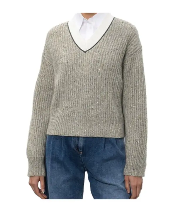 Brunello Cucinelli Long Sleeve V-neck Pullover With Sequin Embellishments - Gray