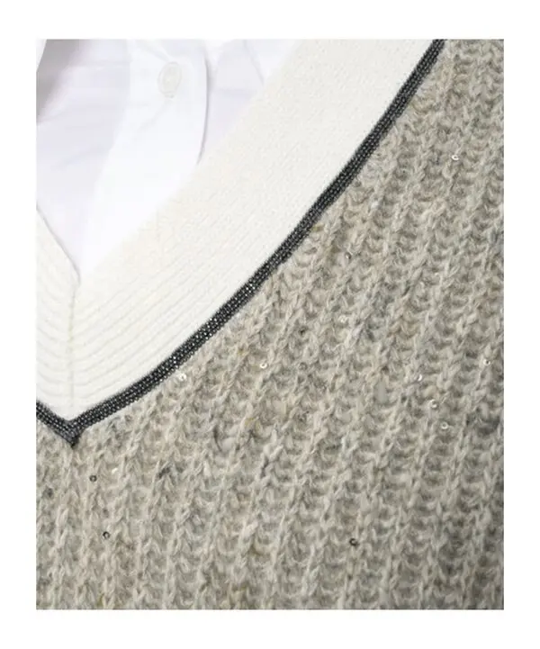 Brunello Cucinelli Long Sleeve V-neck Pullover With Sequin Embellishments - Gray