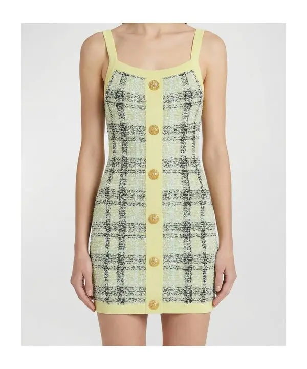 Balmain Checked Tweed Mini Dress - Light Yellow