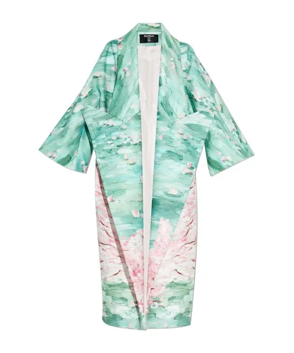 Balmain Floral Motif Printed Long Coat - Green