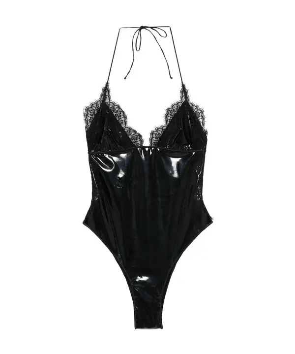 Oseree Latex Lace-trim Halterneck Swimsuit - Black